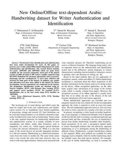 Pdf New Online Offline Text Dependent Arabic Handwriting Dataset For Writer Authentication And