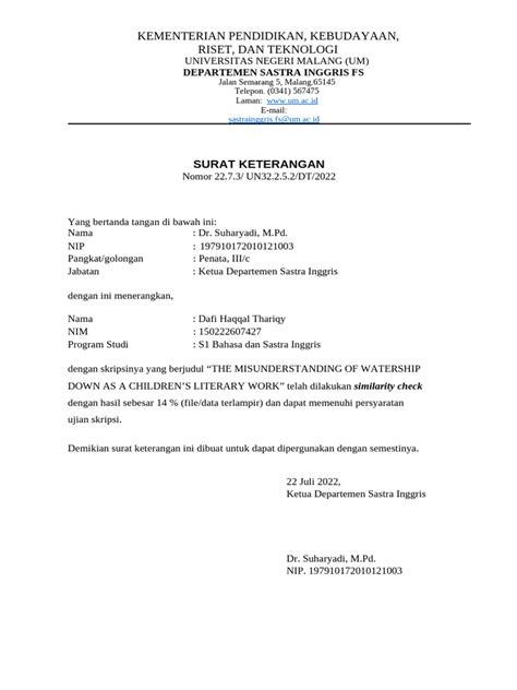 Surat Keterangan Similarity Check Ell Dafi Haqqal Thariqy Pdf