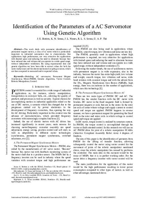 Pdf Identification Of The Parameters Of A Ac Servomotor Using Genetic Algorithm