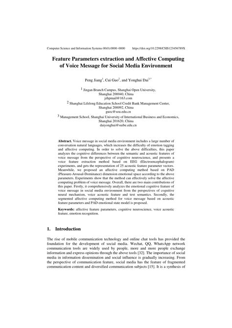Pdf Feature Parameters Extraction And Affective Computing Of Voice Message For Social Media