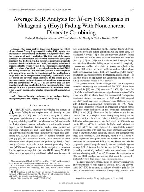 Pdf Average Ber Analysis For Ary Fsk Signals In Nakagami Hoyt Fading With Noncoherent