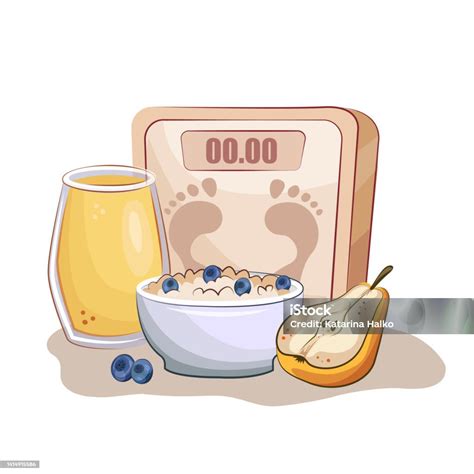 적절한 영양과 체중 감량을 주제로 한 구성 비늘 배 과일 신선한 오렌지 스무디 주스 및 딸기가있는 오트밀 영양사 배너를 위해 흰색에 고립 된 벡터 일러스트 레이 션 가냘픈에