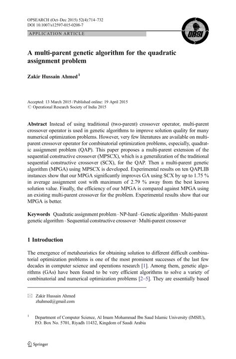 PDF A Multi Parent Genetic Algorithm For The Quadratic Assignment Problem