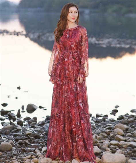 Badu Bg Шифон Сарафан с дълъг ръкав Бохемия Леопардов принт Флорален плаж Дълга рокля Летни