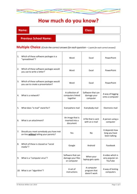 Computing Year 7 Baseline Assessment Paper Based Test Teaching Resources
