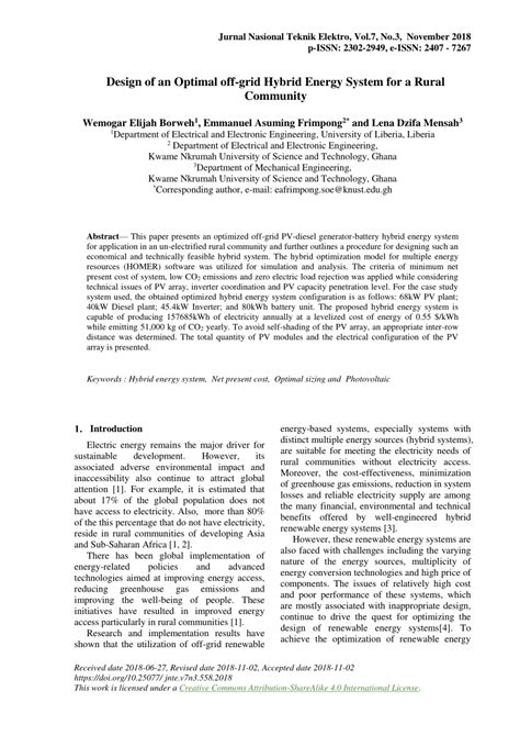 pdf design of an optimal off grid hybrid energy system for a rural community
