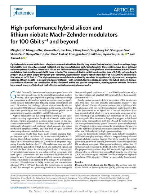 High Performance Hybrid Silicon And Lithium Niobate Mach Zehnder Modulators For 100 Gbit S −1