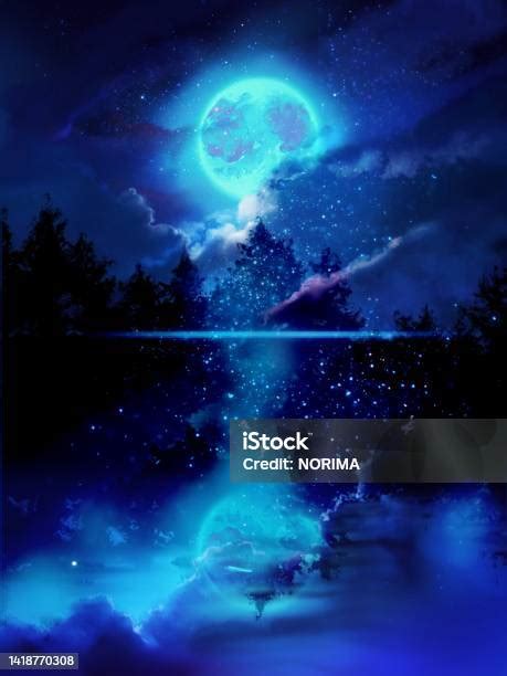 신비한 깊은 숲의 밤 장면과 호수에 반사 된 빛나는 보름달의 환상적인 배경 그림 달 하늘에 대한 스톡 벡터 아트 및 기타 이미지 달 하늘 달 표면 밤 하루 시간대
