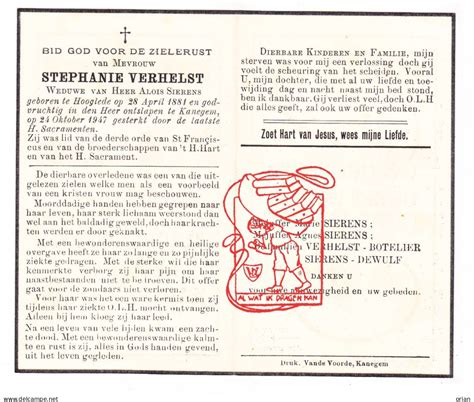 Devotieprenten Dp Met Geweld Vermoord Stephanie Verhelst ° Hooglede 1881 † Kanegem Tielt