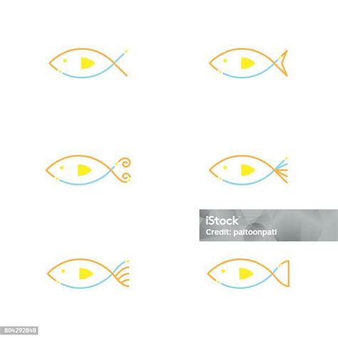 물고기 아이콘 개요 스트로크 설정 대시 선 디자인 그림 오렌지 노랑 파랑 색상 흰색 배경 벡터 Eps10에 고립 0명에 대한