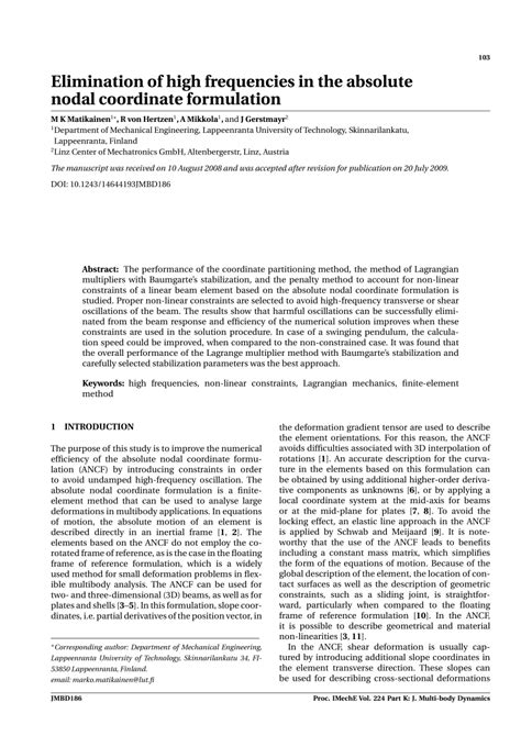 Pdf Elimination Of High Frequencies In The Absolute Nodal Coordinate Formulation