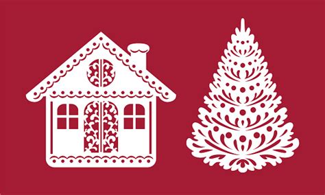 크리스마스 트리와 오두막입니다 레이저 절단 플로터 절단 나무 조각 또는 인쇄를위한 템플릿 벡터 축제 그림입니다 크리스마스에 대한 스톡 벡터 아트 및 기타 이미지 Istock