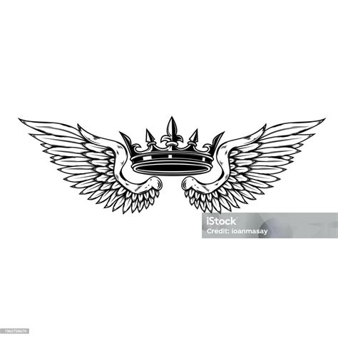 모노크롬 스타일의 킹 크라운과 날개의 일러스트 엠블럼 사인 포스터 티셔츠디자인 요소 벡터 일러스트레이션 문장에 대한 스톡 벡터 아트 및 기타 이미지 Istock