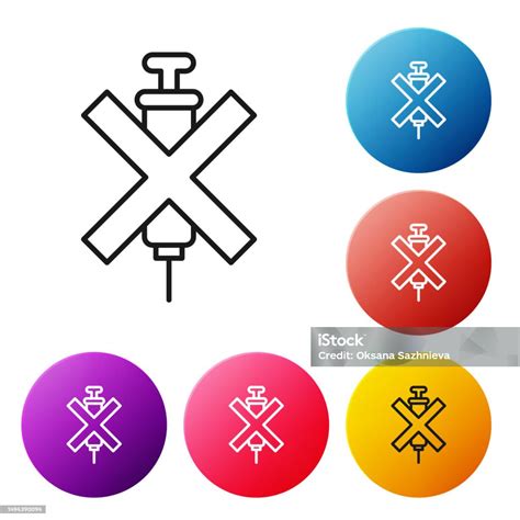 검은 선 흰색 배경에 분리된 도핑 주사기 아이콘이 없습니다 아이콘 다채로운 원형 버튼을 설정합니다 벡터 건강 검진에 대한 스톡