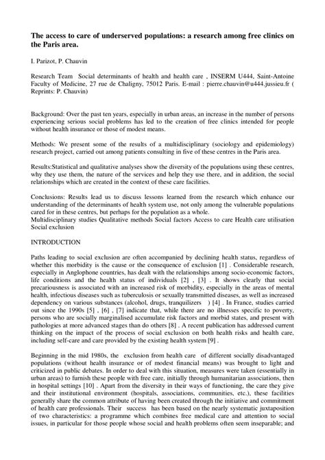 Pdf The Access To Care Of Underserved Populations A Research Among Free Clinics Patients In