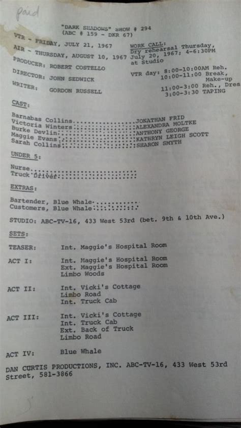 Dark Shadows Script Page Shadow Dark Writer