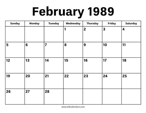 February 1989 Calendar Printable Old Calendars