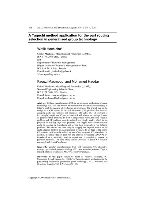 Pdf A Taguchi Method Application For The Part Routing Selection In Generalised Group Technology