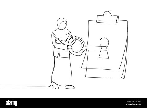 Continuous One Line Drawing Arab Businesswoman Put Key Into Clipboard Protect Secret Document