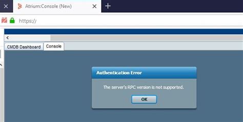 bmc atrium on cmdb console gettin authentication error the server s rpc version is not