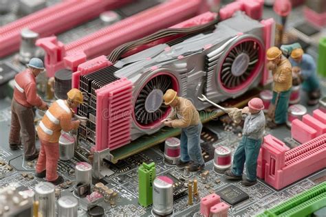 Tiny Miniature Workers Assembling A Massive Graphics Card On A High Tech Motherboard Cpu Stock