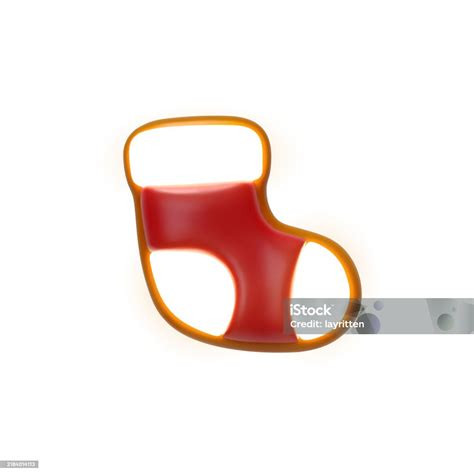 크리스마스 현실적인 3d 진저 브레드 쿠키 모양의 빨간 선물 양말 네온 글로우 효과 밤 어두운 디자인 크리스마스 음식 과자 베이킹 흰색 배경에 고립되어 있습니다 벡터