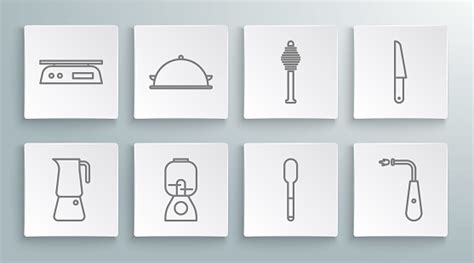 세트 라인 모카 냄비 음식 블렌더 숟가락 긴 전기 라이터 꿀 디퍼 스틱 칼과 전자 비늘 아이콘의 트레이로 덮여 벡터 가리기에 대한 스톡 벡터 아트 및 기타 이미지 Istock