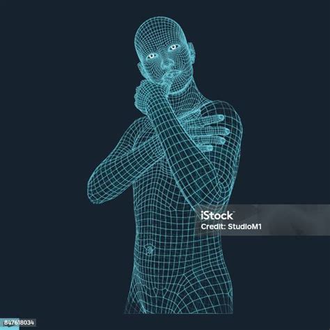 사상가 포즈 남자입니다 남자 기하학적 디자인의 3d 모델입니다 비즈니스 과학 심리학 또는 철학 벡터 일러스트 레이 션 와이어