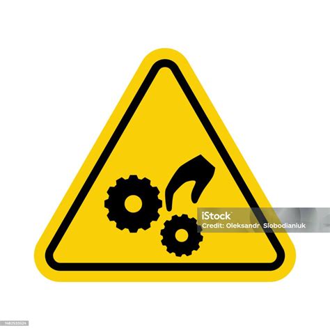 핸드 크러쉬 사인 손 부상 징후 꼬집은 손 표시 손과 톱니바퀴 아이콘이 있는 경고 노란색 삼각형 기호 손 부상의 위험이 있습니다 장비를 조심하십시오 손에 대한 스톡 벡터