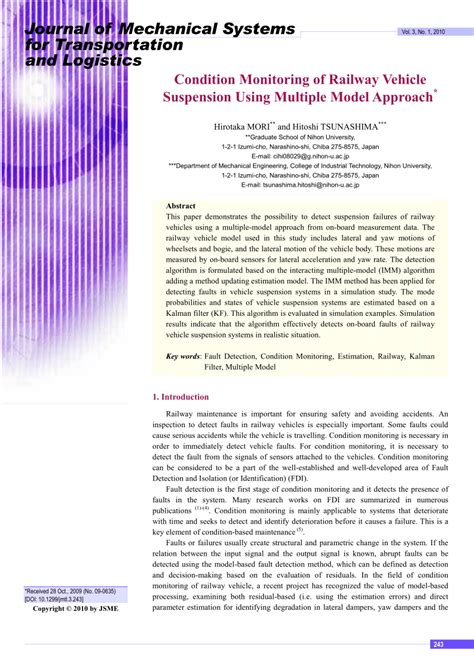 Pdf Condition Monitoring Of Railway Vehicle Suspension Using Multiple