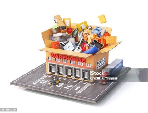 물류 개념입니다 창고 형태의 골판지 상자 3d 그림 3차원 형태에 대한 스톡 사진 및 기타 이미지 3차원 형태 갈색 공장 산업 건물 Istock
