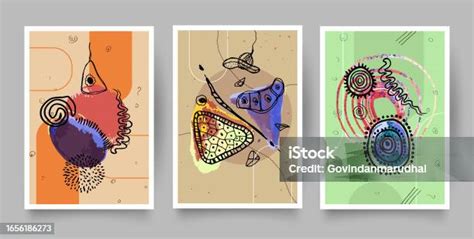 추상 포스터 모음입니다 현대 미술 인쇄 템플릿 세트입니다 벽 장식 엽서 또는 브로셔 디자인을 위한 창의적인 손으로 그린 그림 세트 벡터 아트와 수채화 가리기에 대한 스톡