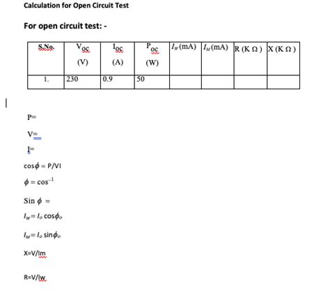 Solved Calculation For Open Circuit Test For Open Circuit Chegg Com