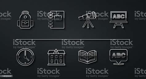 학교 배낭 시계 칠판 책을 펼치고 건물 나선형 노트북 알파벳 및 망원경 아이콘을 설정합니다 벡터 0명에 대한 스톡 벡터 아트 및 기타 이미지 Istock