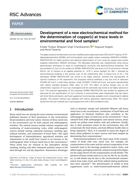 Pdf Development Of A New Electrochemical Method For The Determination Of Copper Ii At Trace