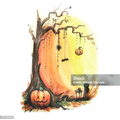 할로윈 호박 거미 거미줄과 박쥐 고양이와 주황색 배경에 손전등이있는 나무 수채화 그림 장식 엽서 포스터 기념품 디자인 10월에 대한 스톡 벡터 아트 및 기타 이미지 Istock