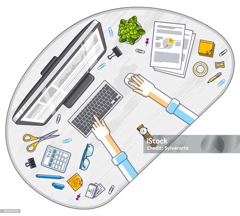 사무실 데스크 작업 공간 사무실 직원 또는 기업가 Pc 컴퓨터와 다양 한 편지지 개체의 손으로 작업을 위한 평면도 모든 요소는 개별적으로 사용 하기 쉽습니다 벡터