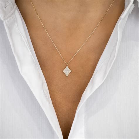 18k Solid Gold Diamond Shaped Pendant Necklace Etsy