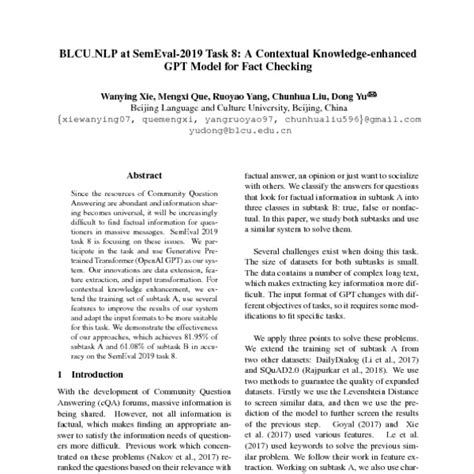 Blcu Nlp At Semeval 2019 Task 8 A Contextual Knowledge Enhanced Gpt Model For Fact Checking