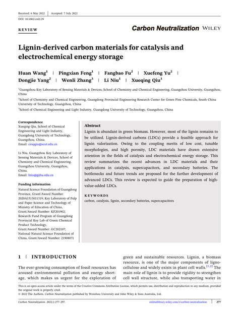 Pdf Lignin‐derived Carbon Materials For Catalysis And Electrochemical Energy Storage