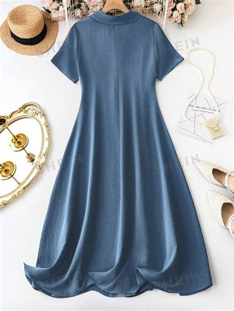 Shein Clasi Casual Texture Button Front Plus Size Short Sleeve Midi