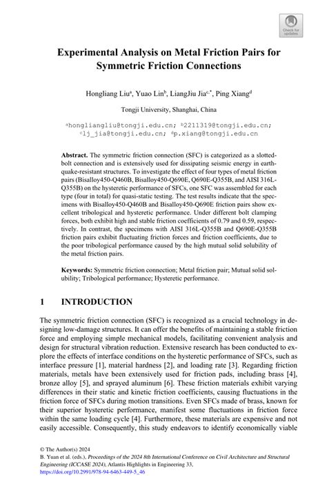 Pdf Experimental Analysis On Metal Friction Pairs For Symmetric Friction Connections