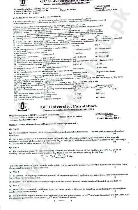 PHY 603 Nuclear Physics II BS Physics GCUF Past Paper 2023 Education Hub