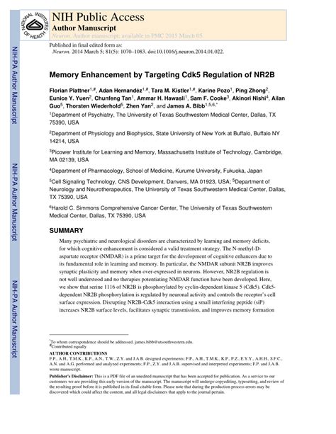Pdf Memory Enhancement By Targeting Cdk5 Regulation Of Nr2b