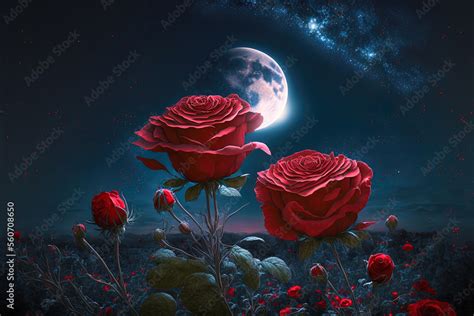 The Bright Red Roses Blossom On The Night Of The Full Moon The Milky