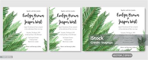 결혼식 초대 초대 메뉴 카드 벡터 꽃 푸른 디자인 녹말 종 려 잎 단풍 나무 프레임 패턴 엽서 포스터 레이블입니다 우아한 수채화 손으로 그린된 세트 Rsvp에 대한 스톡