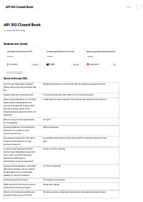 API 510 Closed Book Flashcards Quizlet API 510 Closed Book Leave The
