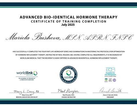 Mariela Busheva Achieves Advanced Certification In Bhrt