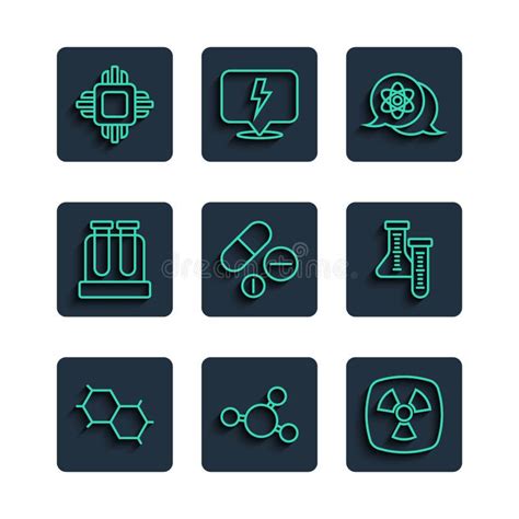 Set Line Chemical Formula Molecule Radioactive Atom Medicine Pill Tablet Test Tube