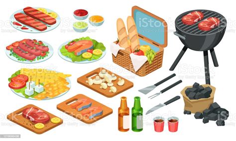 아이소메트릭 바베큐 음식 바베큐 그릴 고기 벡터 일러스트 세트 구운 쇠고기 피크닉 파티에서 생선 스테이크 흰색에 고립 된 3d 아이콘 3차원 형태에 대한 스톡 벡터 아트 및